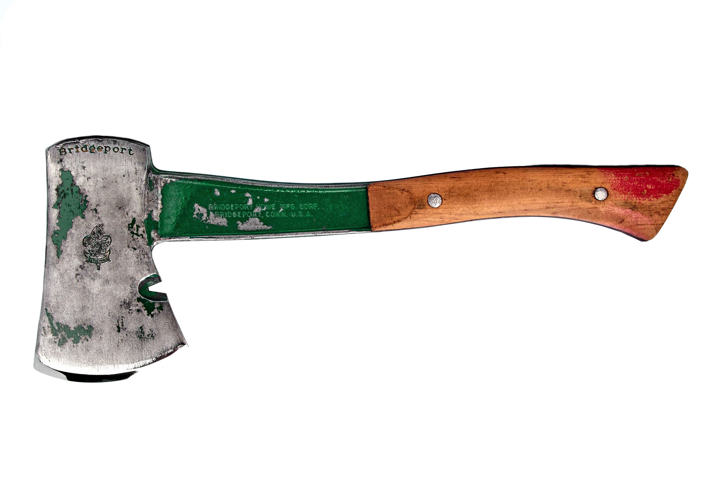 Bridgeport Boy Scout hatchet with custom leather sheath and belt hanger