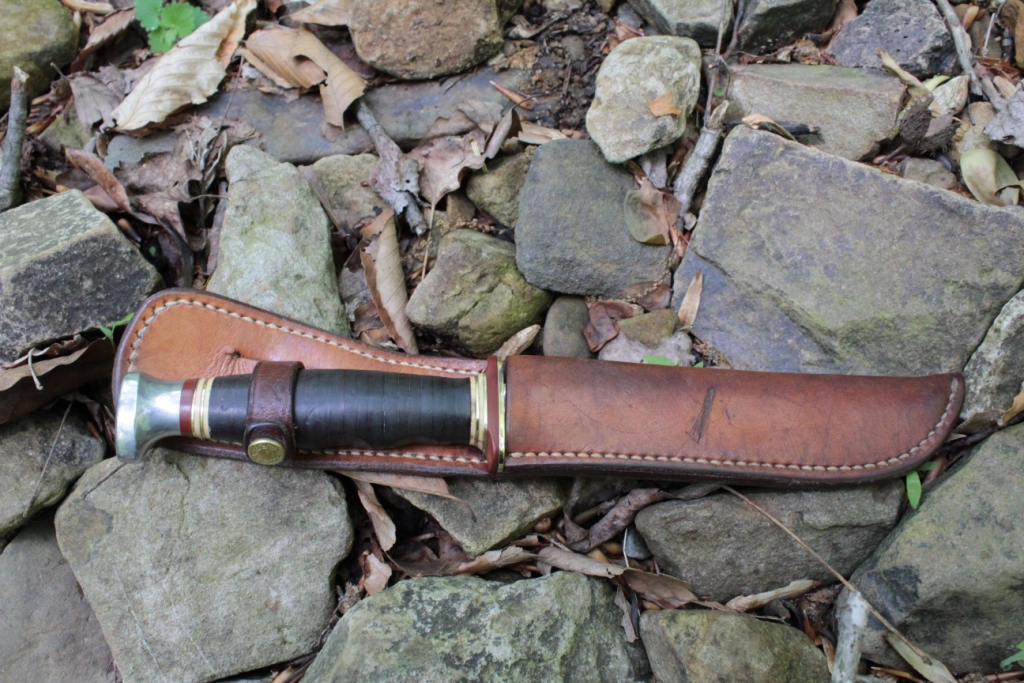 Vintage Ka Bar fixed blade knife with leather stacked handle