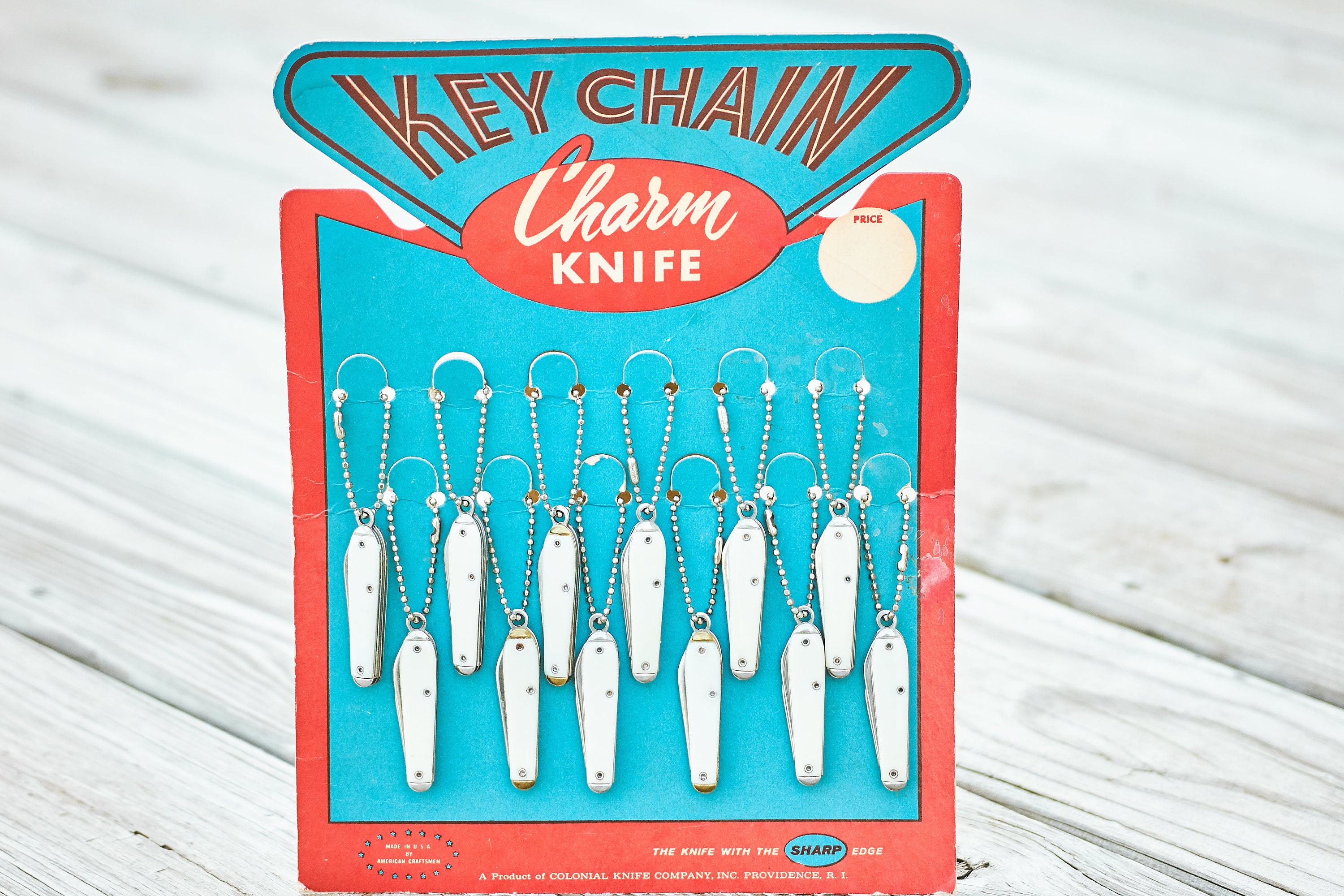 Vintage Point of Sale Display Colonial Key Chain Charm knife Display