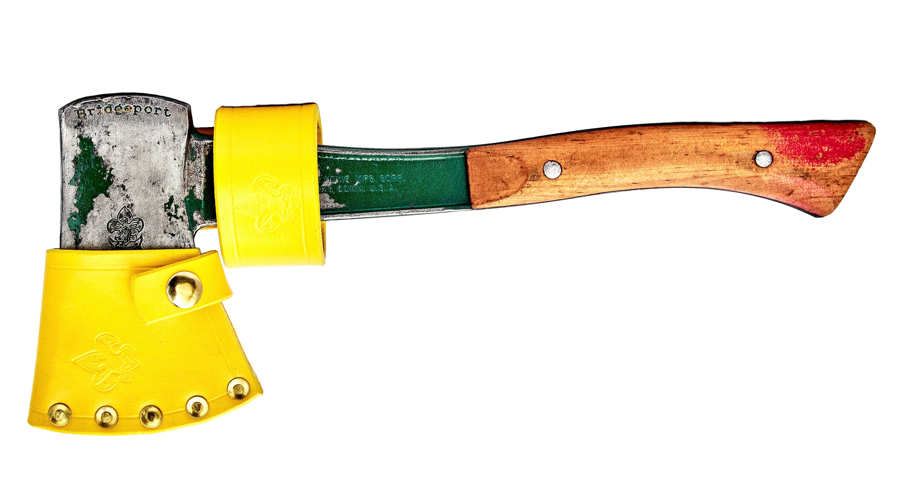 Bridgeport Boy Scout hatchet with custom leather sheath and belt hanger