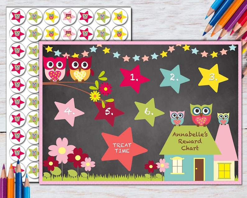 Toddler Owl Reward Chart, Personalised, Girl, Routine, Homework, Re ...