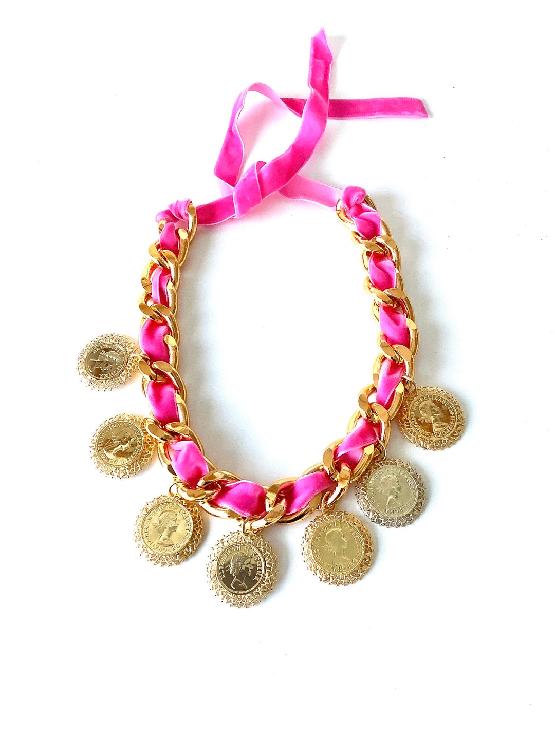 Gold Coin Pink Velvet Woven Chain Statement Necklace - Etsy