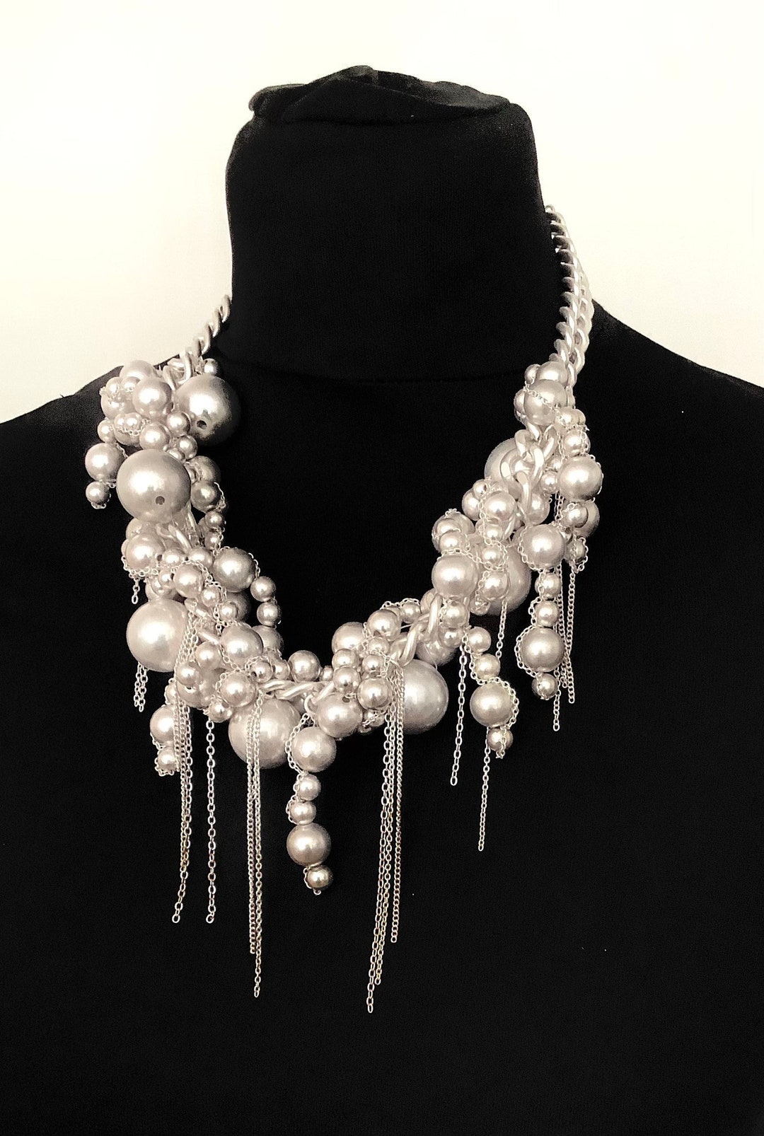 Chunky Matte Silver Bead and Chain Statement Necklace - Etsy