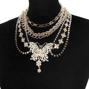 Silver Crystal Butterfly Layered Chain Statement Necklace - Etsy
