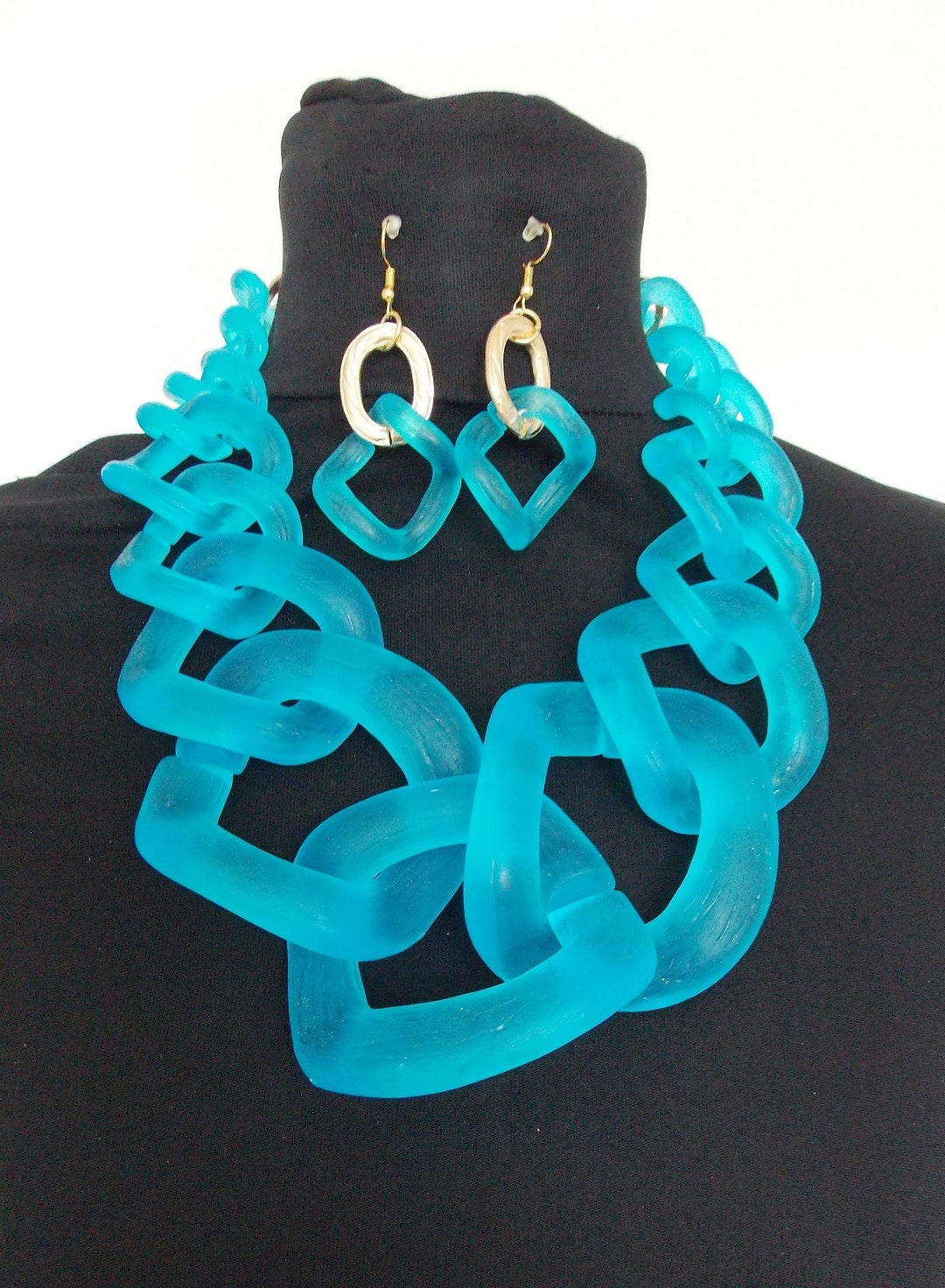 Chunky Blue Frosted Chain Statement Necklace and Earrings Set - Etsy
