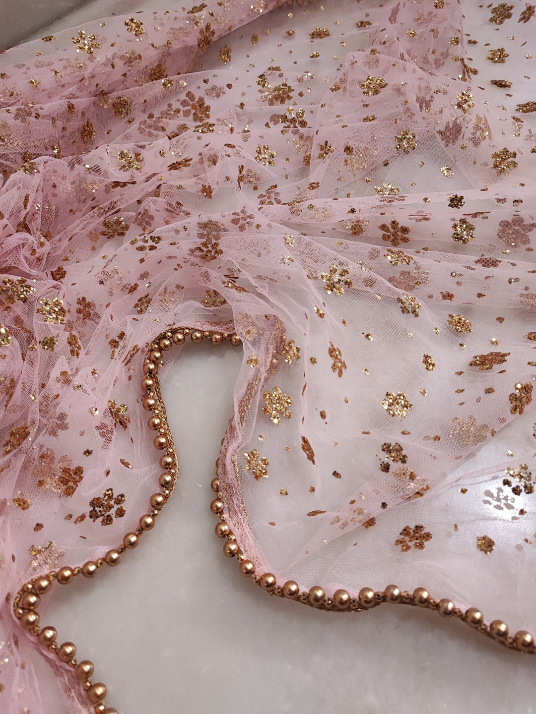 Pink Glitter Net Dupatta With Golden Beaded Border | Indian Dupatta ...