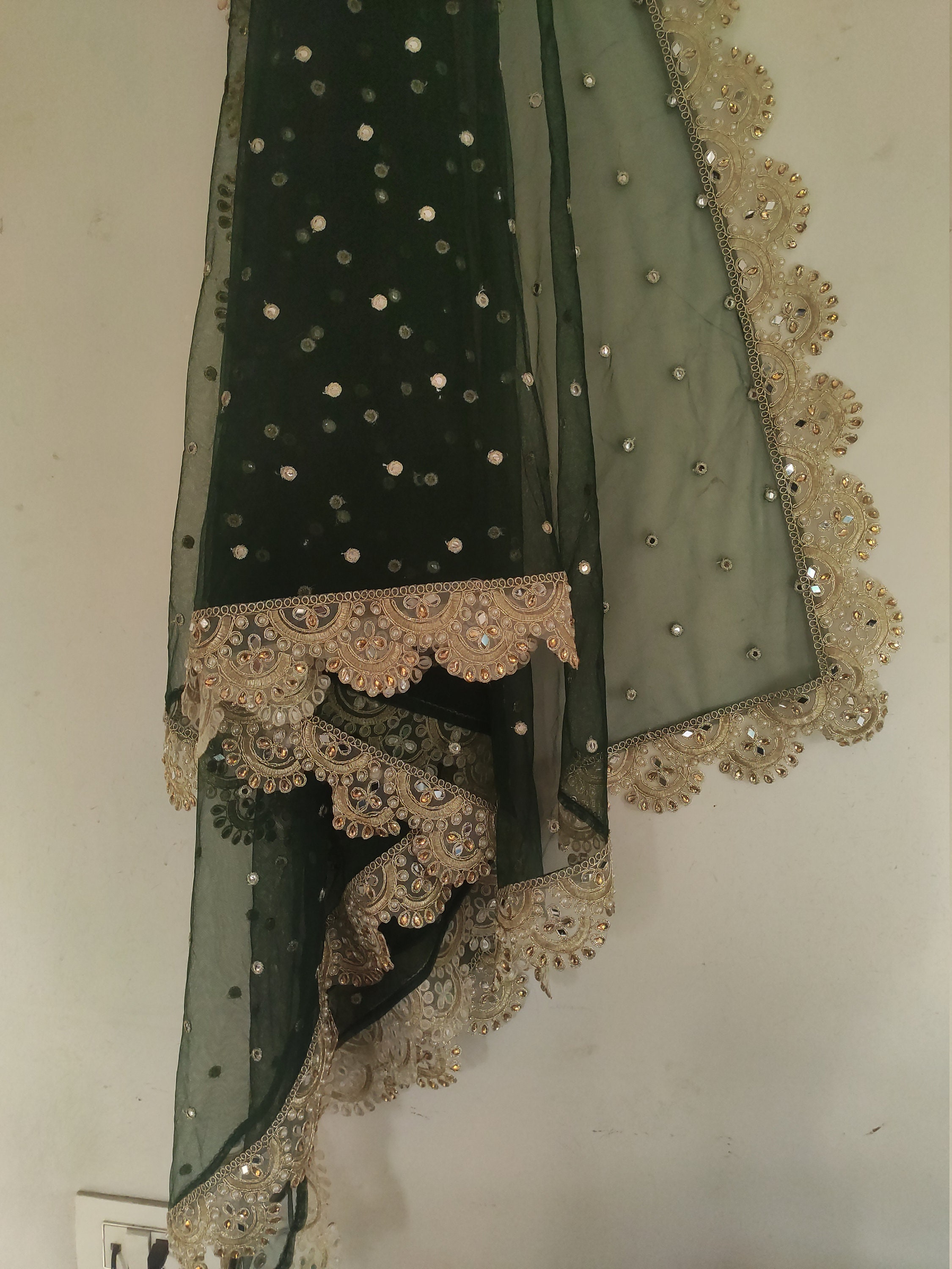 Green Net dupatta with golden beaded border Indian dupatta | Etsy