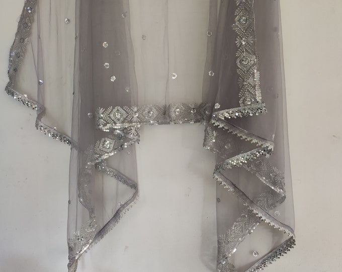 Silver Sequin Motifs on Grey Net. Indian Dupatta. Net Dupatta With ...