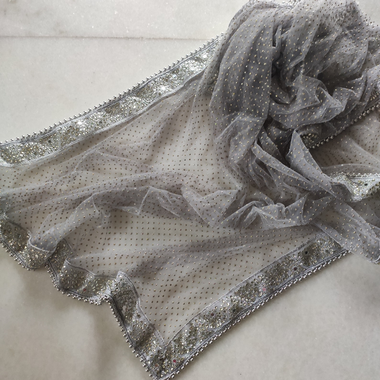 Grey Silver Dupatta With Glitter Dots. Mirror Border Dupatta - Etsy