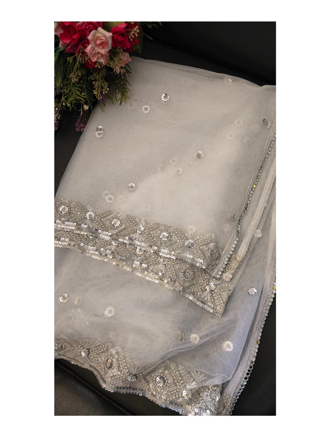 White Silver Dupatta Sequins Border Dupatta - Indian Net Dupatta ...