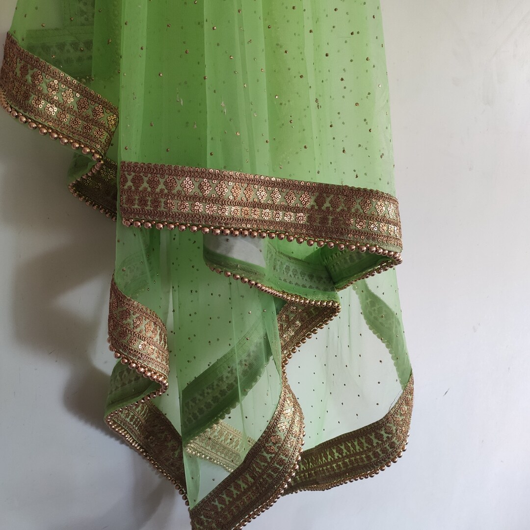 Green Net Dupatta With Embroidered Border. Embroidery Dupatta. Wedding ...