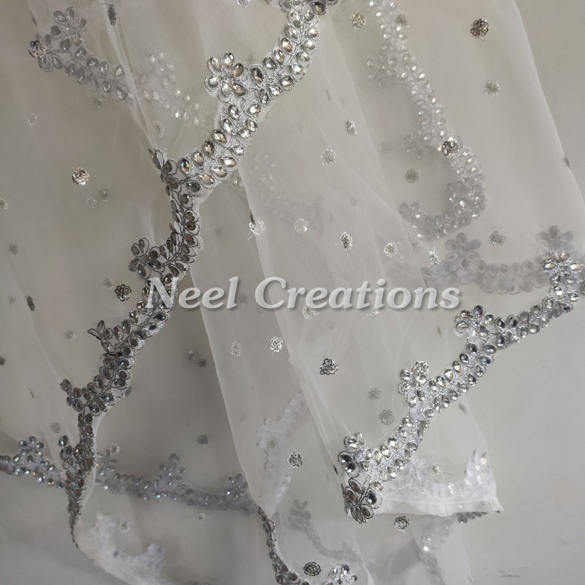 Silver White Indian Dupatta Party Wear Beaded Stone Border | Etsy