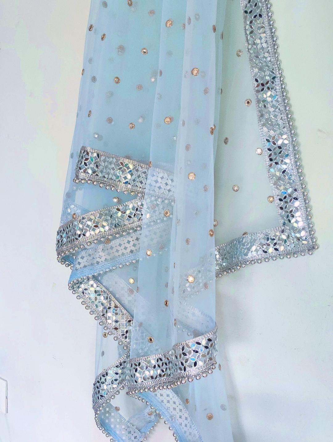 Blue Silver Dupatta Mirror Border Dupatta Light Blue Indian Net Dupatta ...