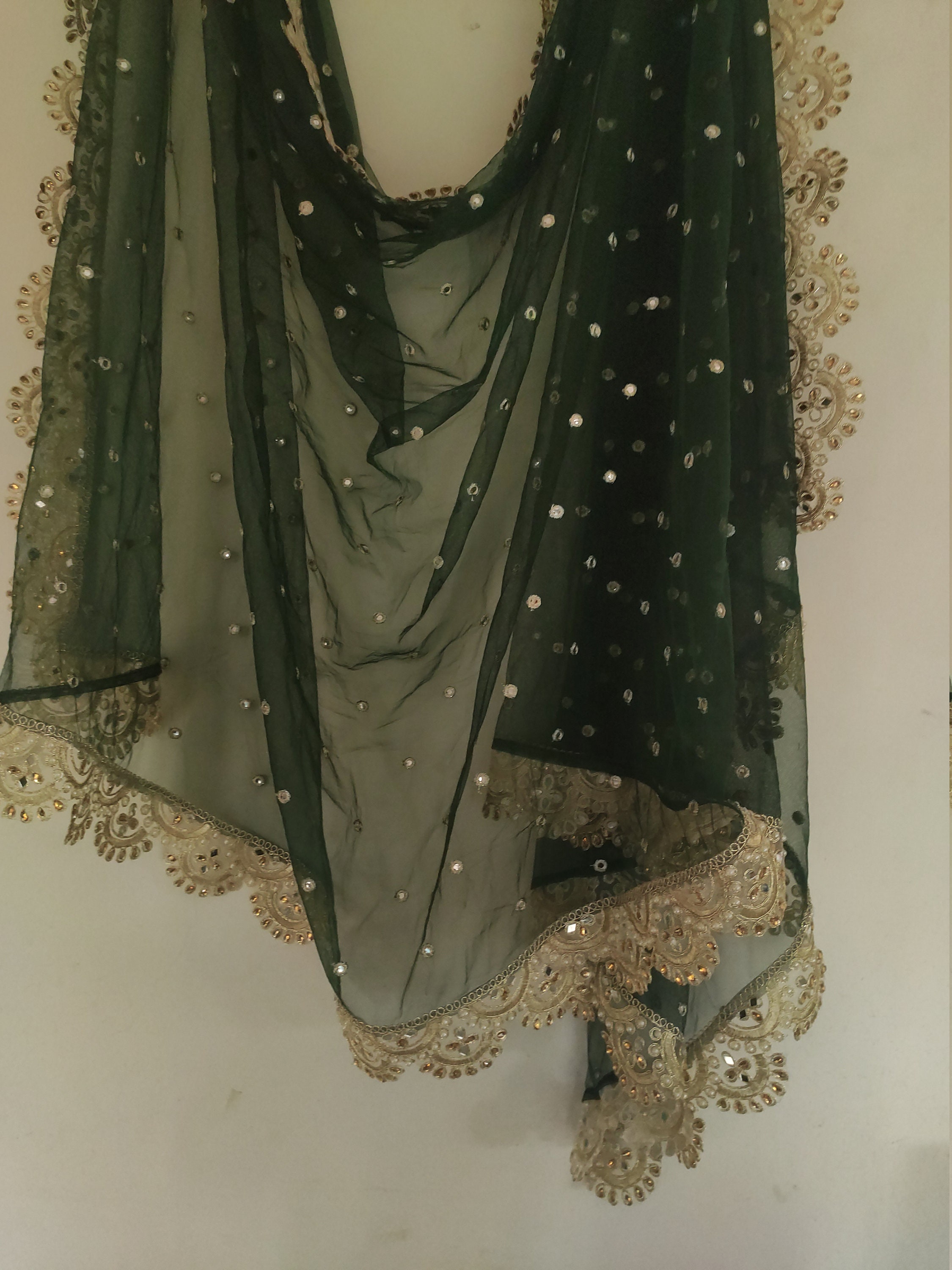 Green Net dupatta with golden beaded border Indian dupatta | Etsy