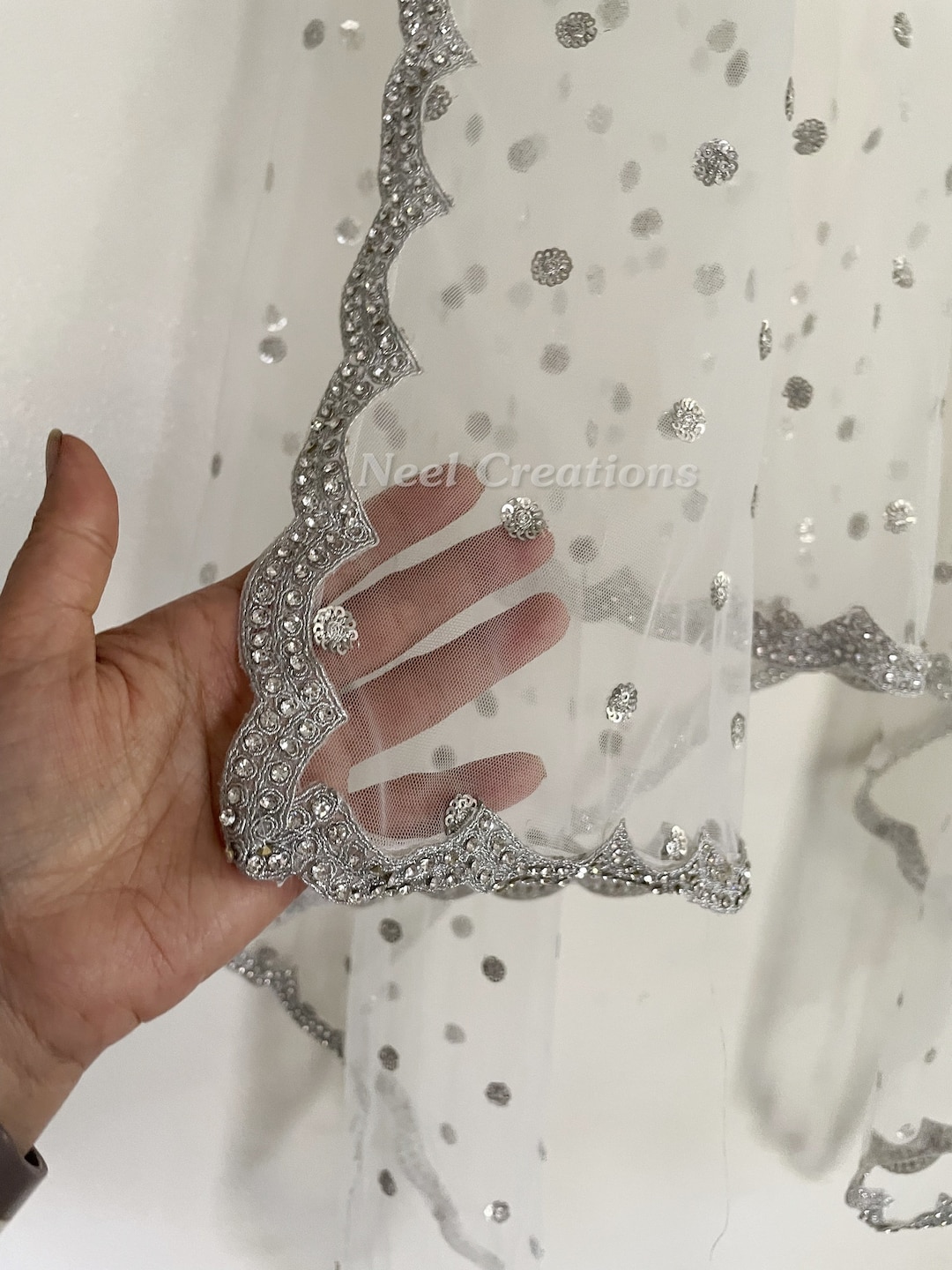 Silver White Indian Dupatta Party Wear Beaded Stone Border | Long Net ...