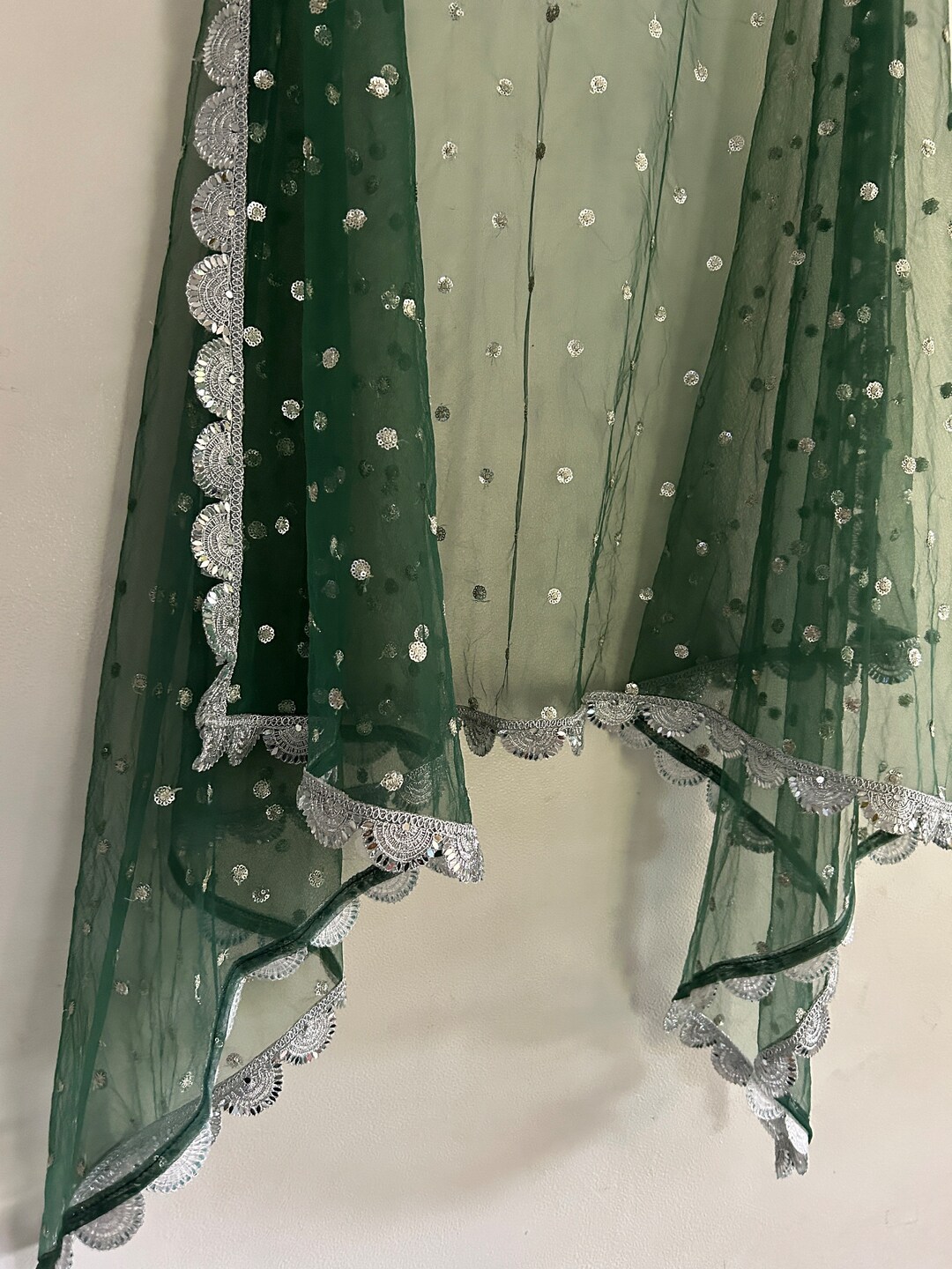 Green Net Dupatta With Silver Mirror Border | Indian Dupatta | Bridal ...