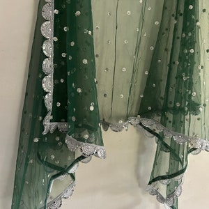 Green Net Dupatta With Silver Mirror Border | Indian Dupatta | Bridal ...