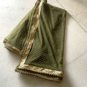 Green Net Dupatta With Golden Beaded Border Indian Dupatta Bridal ...