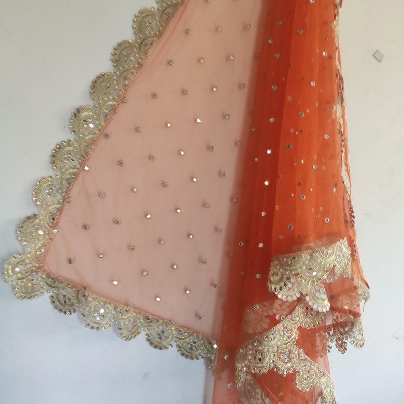 Orange Net Dupatta With Golden Border Indian Dupatta - Etsy