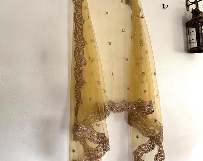Yellow Net Dupatta With Scallop Border Golden Embroidery - Etsy