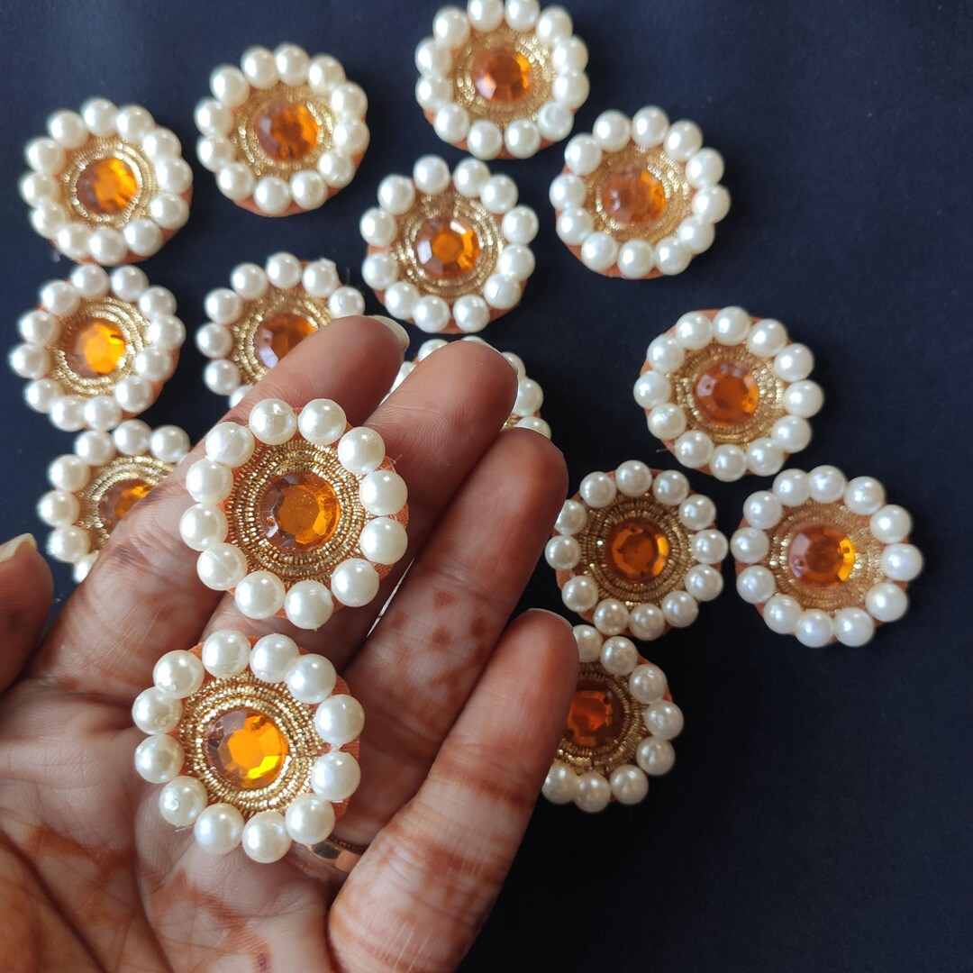 6 Pcs Flower Patch Applique. Yellow White Pearl Patch, Beaded Applique ...