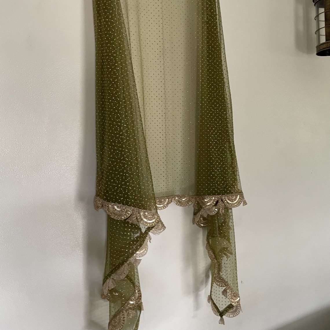 Olive Green Net Dupatta With Golden Beaded Border Indian - Etsy