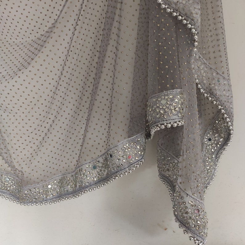 Grey Silver Dupatta With Glitter Dots. Mirror Border Dupatta - Etsy