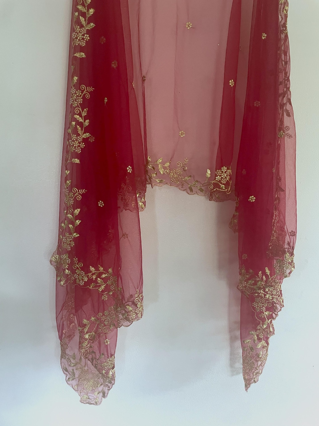 Dupatta | Red Maroon Net With Golden Beaded Dupatta Border | Indian Dupatta | Bridal Dupatta for ...