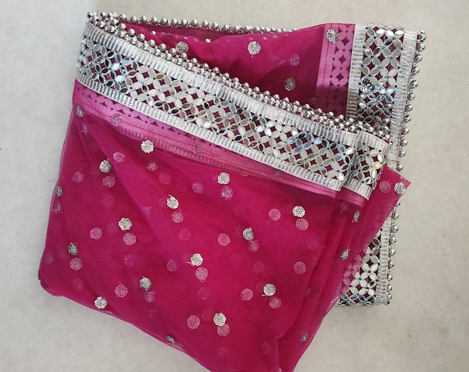 Hot Pink Silver Dupatta Mirror Border Dupatta Fuchsia Indian Net ...