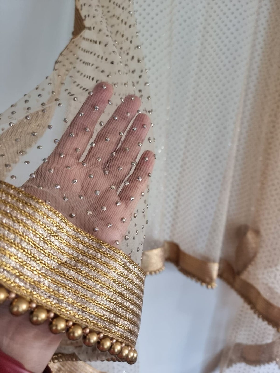Golden Net Dupatta With Beaded Border. Indian Dupatta for Women With ...