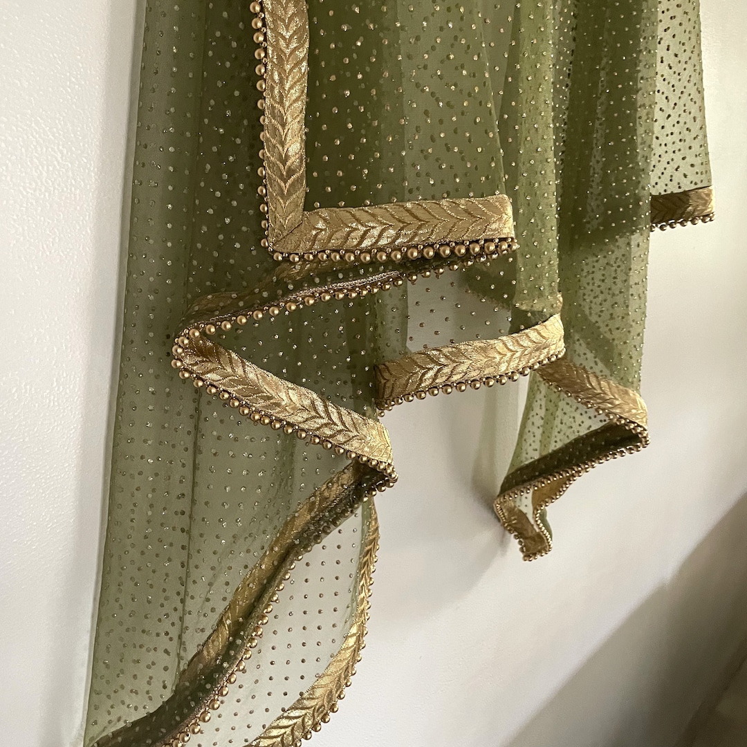 Green Net Dupatta With Golden Beaded Border | Indian Dupatta | Bridal ...