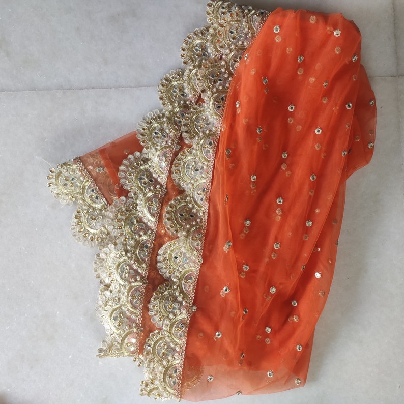 Orange Net Dupatta With Golden Border Indian Dupatta - Etsy