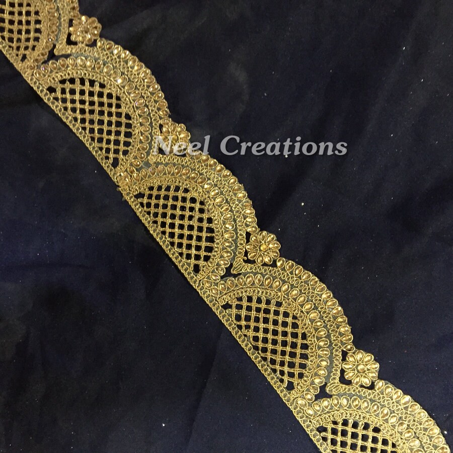 Notions Embellishments Gold Sequins Lace Embroidered Trimmings Indian Sari Border Saree Scallop ...