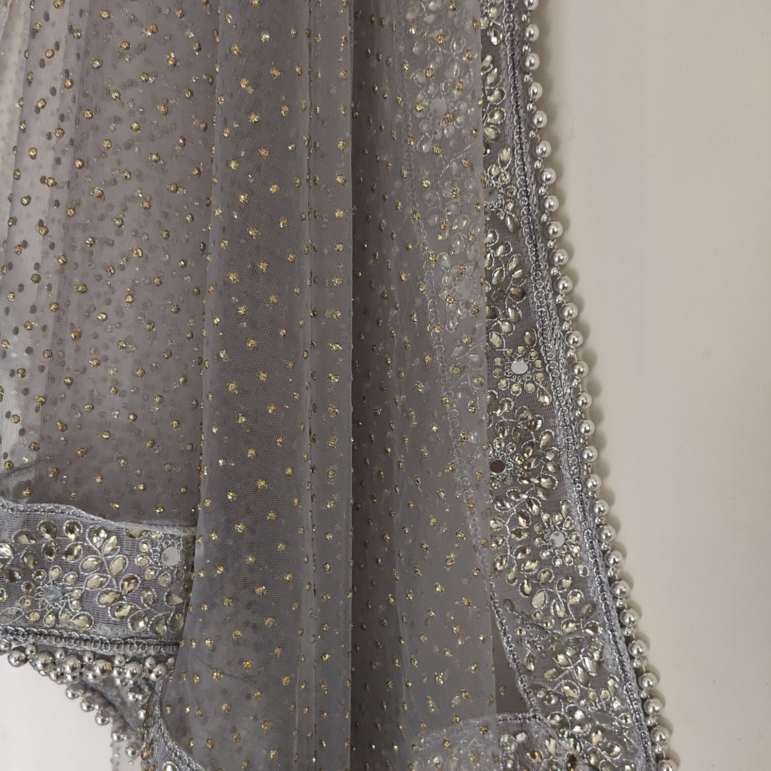 Grey Silver Dupatta With Glitter Dots. Mirror Border Dupatta - Etsy