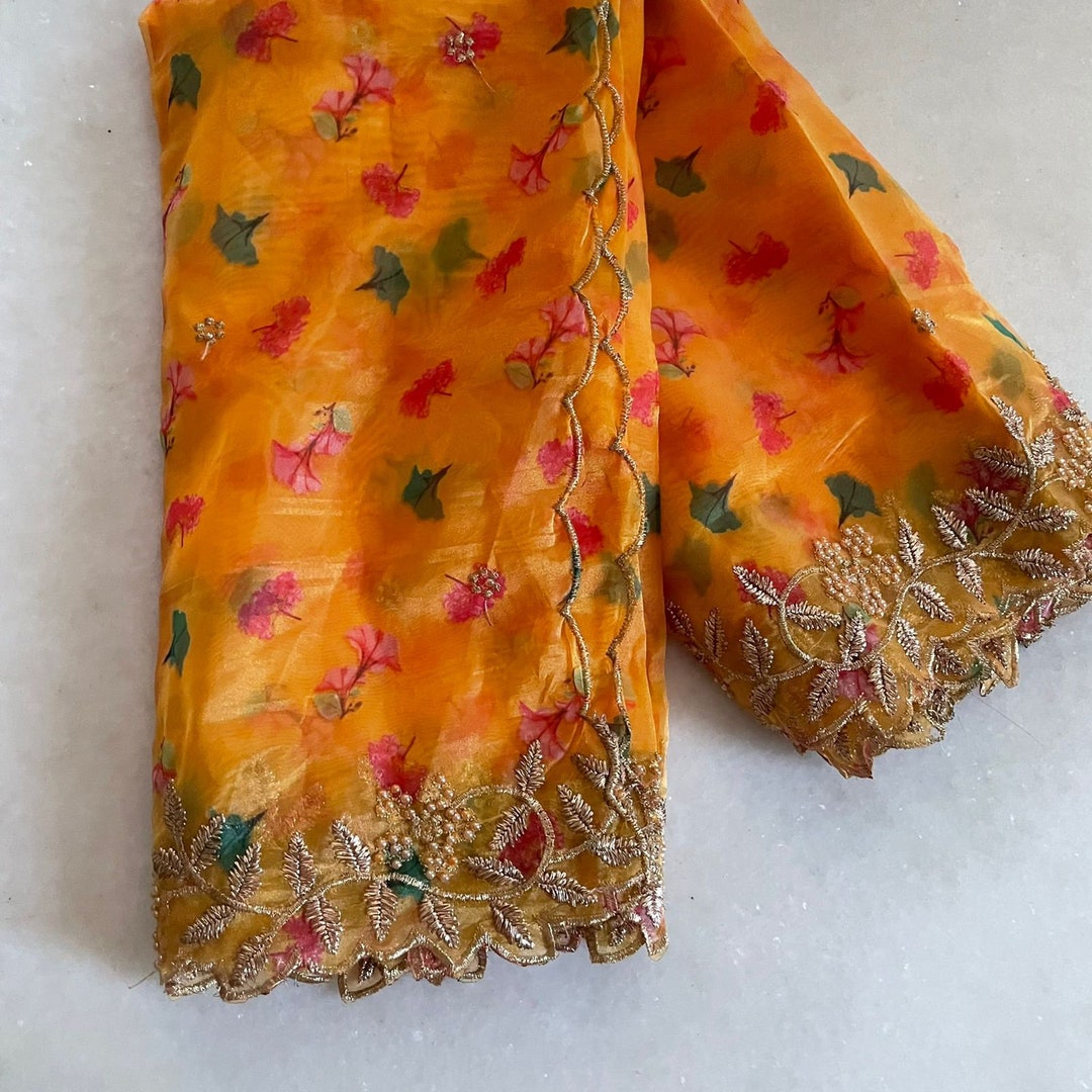 Sheer Yellow Printed Organza Dupatta With Scallop Embroidery Border ...