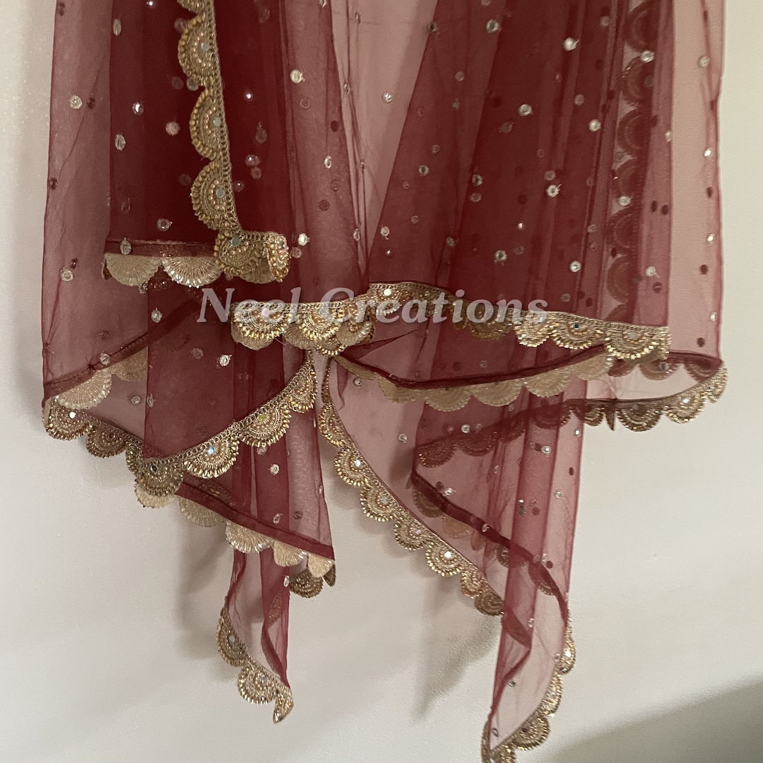 Bridal Beaded Indian Dupatta. Net Dupatta With Golden Border. Maroon ...