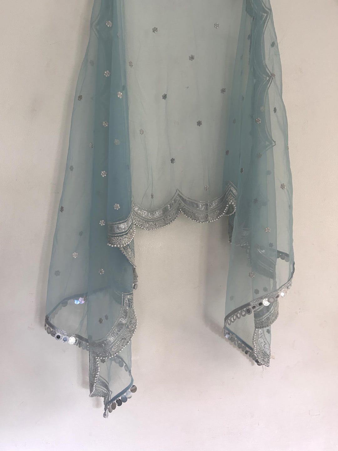 Scallop Blue Silver Dupatta. Wedding Embroidered Fancy Dupatta. Indian ...