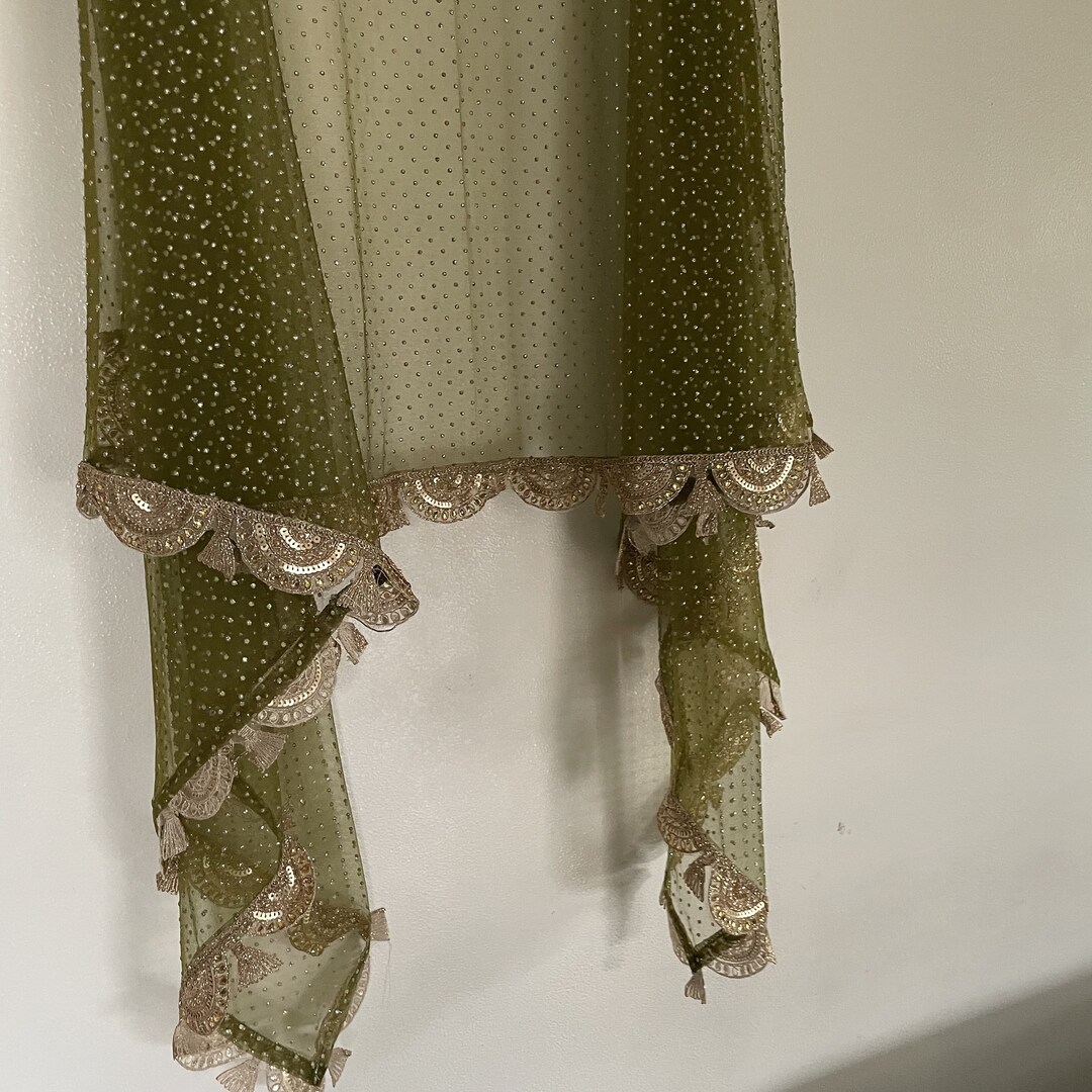 Olive Green Net Dupatta With Golden Beaded Border Indian - Etsy