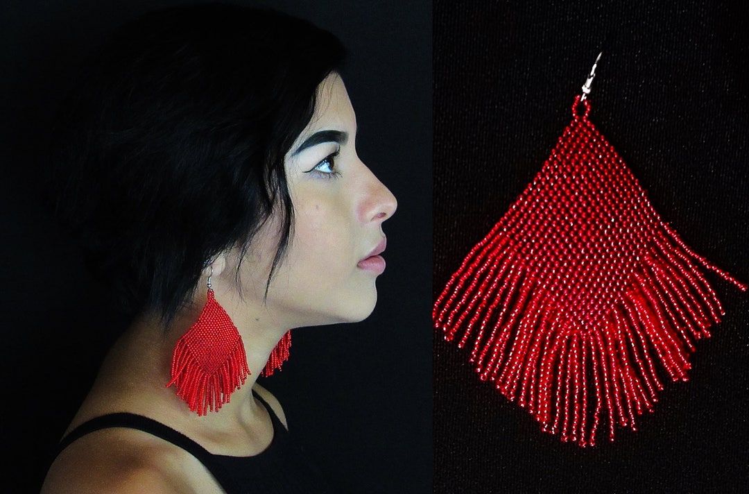 Red Boho Tribal Earrings, Huichol Native American Beaded Earrings ...