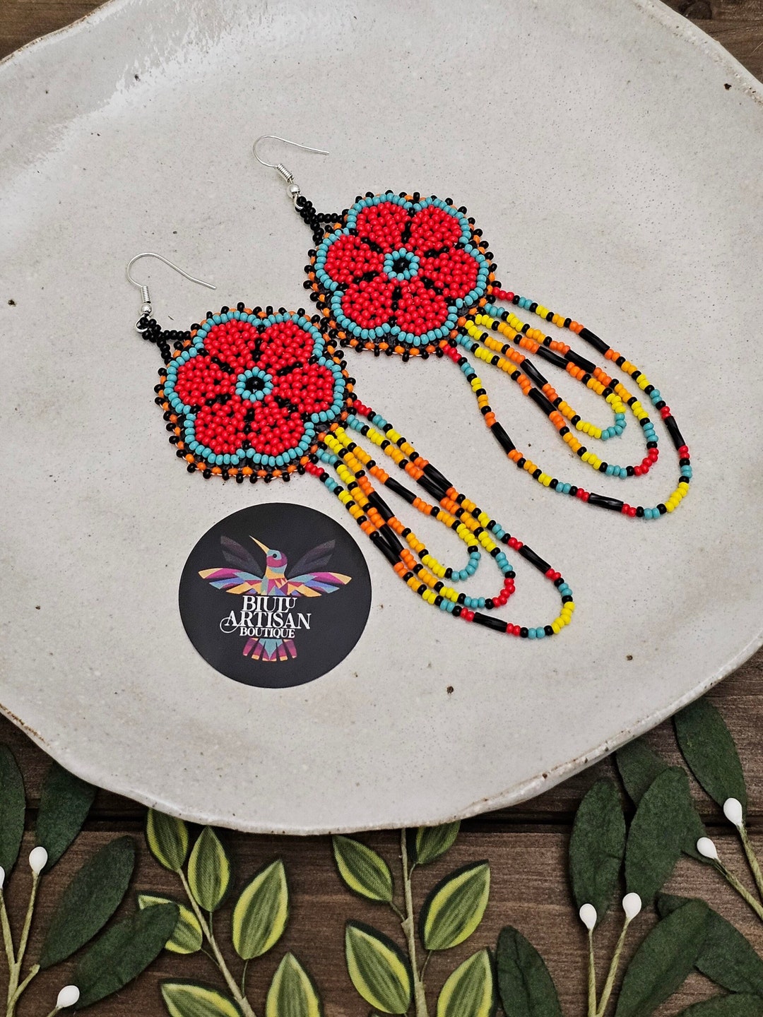 Red Flower Beaded Earrings, Native American Beaded Earrings, Boho ...