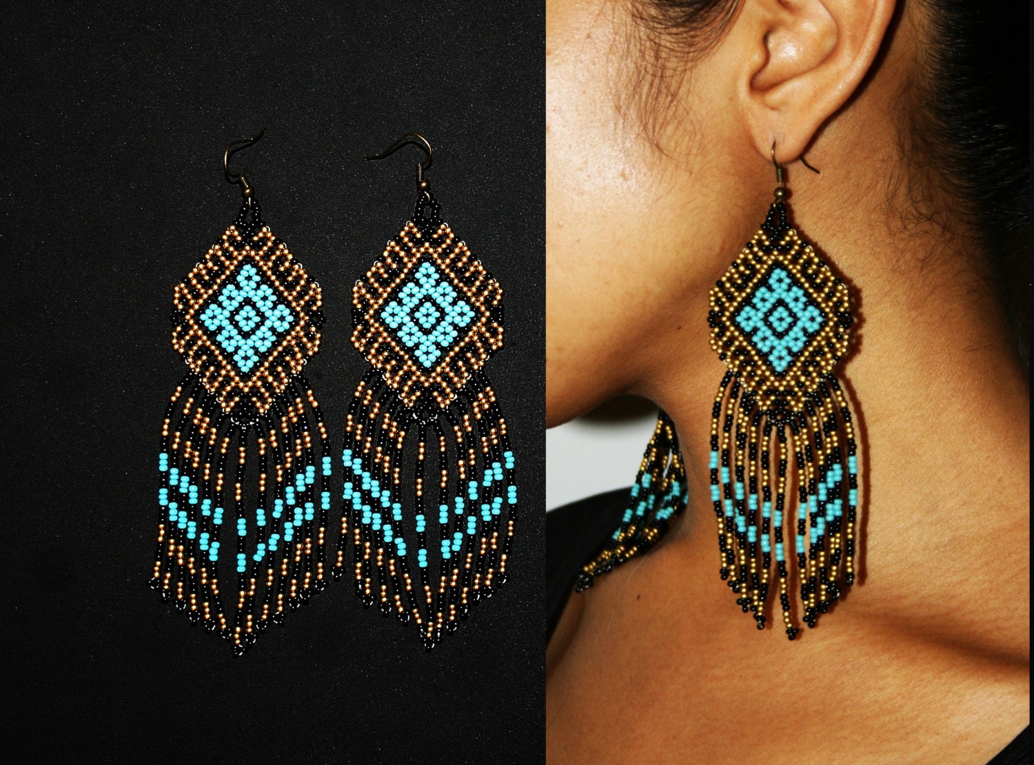 Gold Turquoise Aztec Earrings, Aztec Jewelry, Traditional Beadwork ...