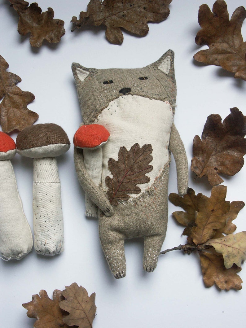 Linen Wolf - Wolf With a Mushroom - Fabric Woodland Animal - Soft Cloth ...