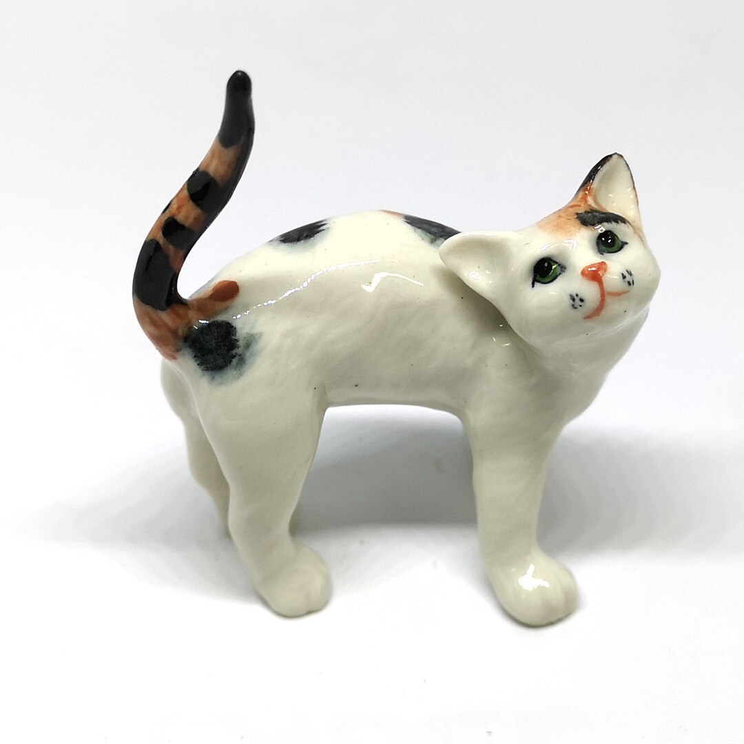 ZOOCRAFT Ceramic Miniature Stretching Calico Cat Figurine Tri Colors ...