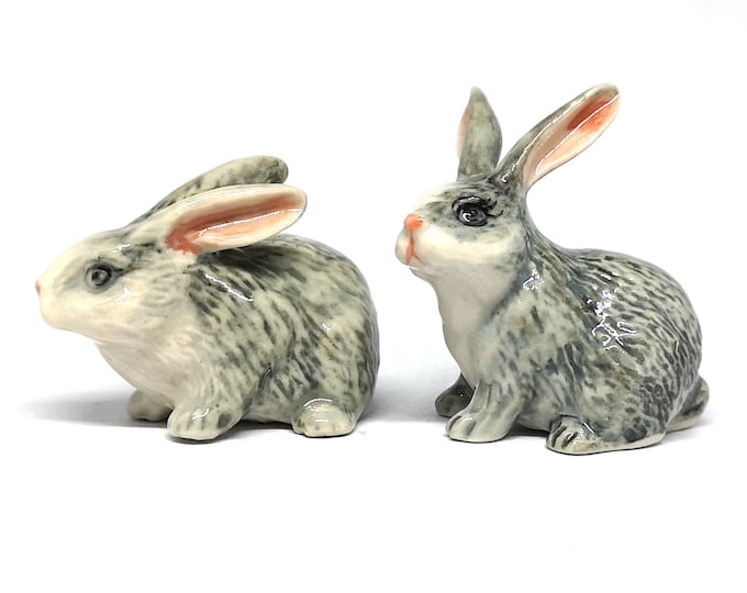 Gray Rabbits Ceramic Figurine Bunny Statue Hand Painted Porcelain ...