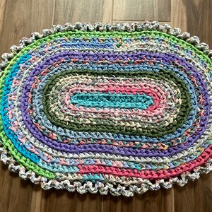 Rag Rug, Multi-colored, and White 25" X 35.5" Crocheted Oval Rag Rug ...