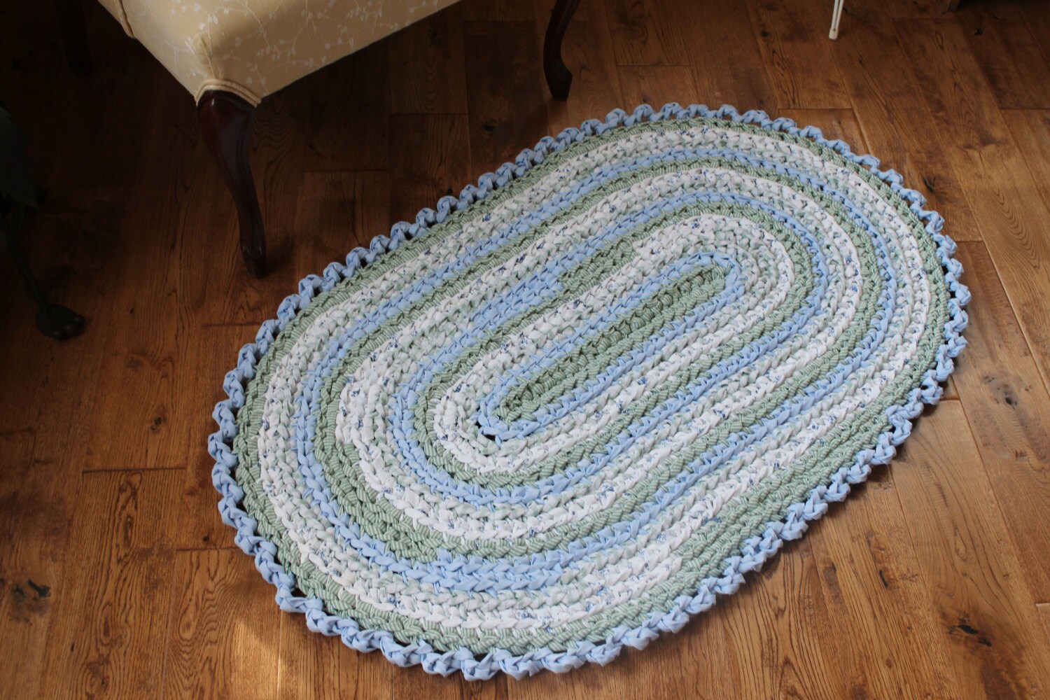 Rag Rug Blue Green and White 28 X 45 Crocheted | Etsy