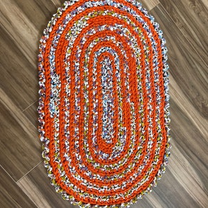Orange Rag Rug, 27" X 45' Crocheted Oval Rag Rug, Nursery Rug, Cottage ...