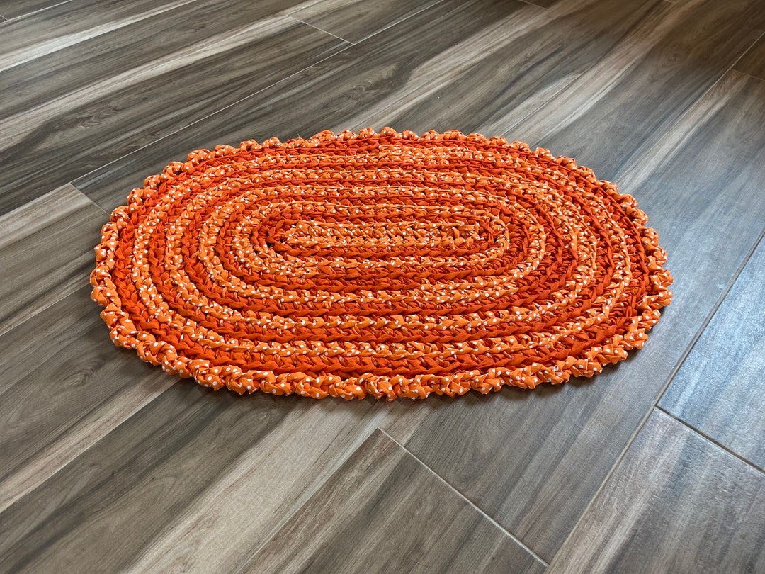Orange and White Rag Rug, 23" X 34" Crocheted Oval Rag Rug, Nursery Rug ...
