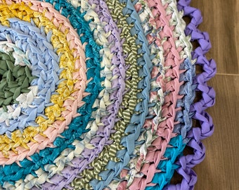 Rag Rug, Blue 22.5 Crocheted Round Rag Rug, Nursery Rug, Cottage Chic ...