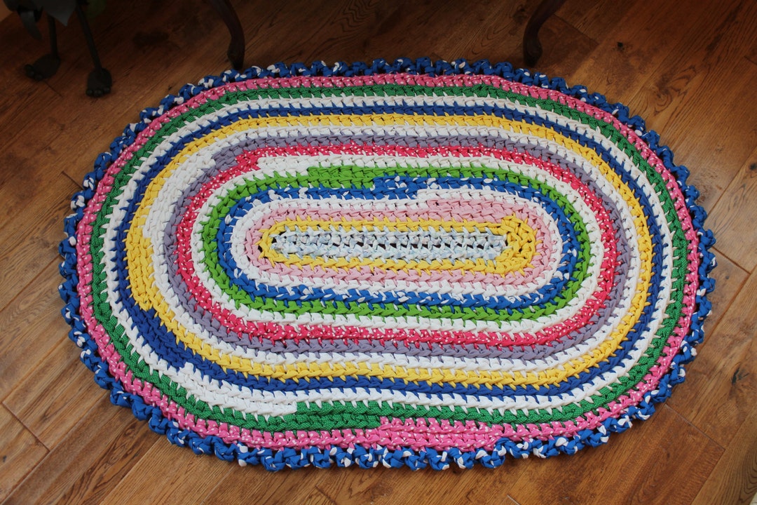 Rag Rug, Rainbow and White Rag Rug, 30" X 47" Crocheted Oval Rag Rug ...